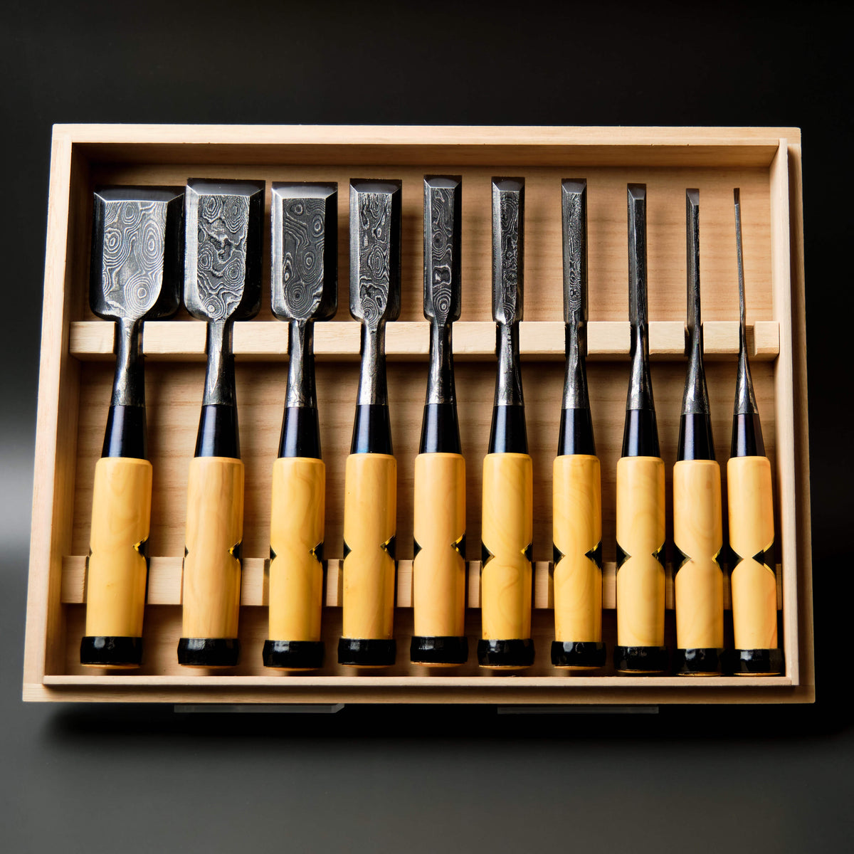 Suminagashi Damascus Bench Chisel Set - Boxwood Handles – Japanese ...