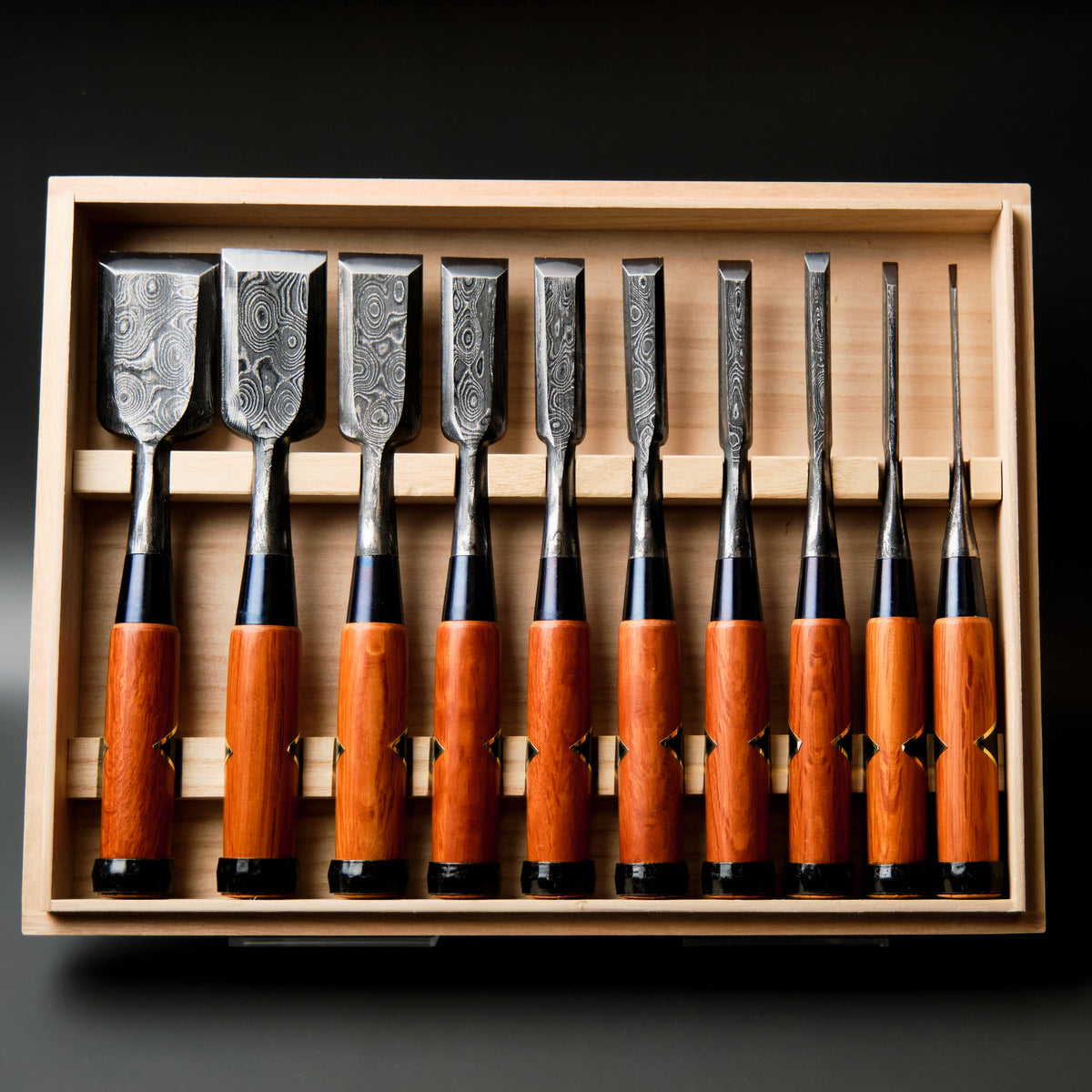 Suminagashi Damascus Bench Chisel Set - Red Oak Handles – Japanese ...